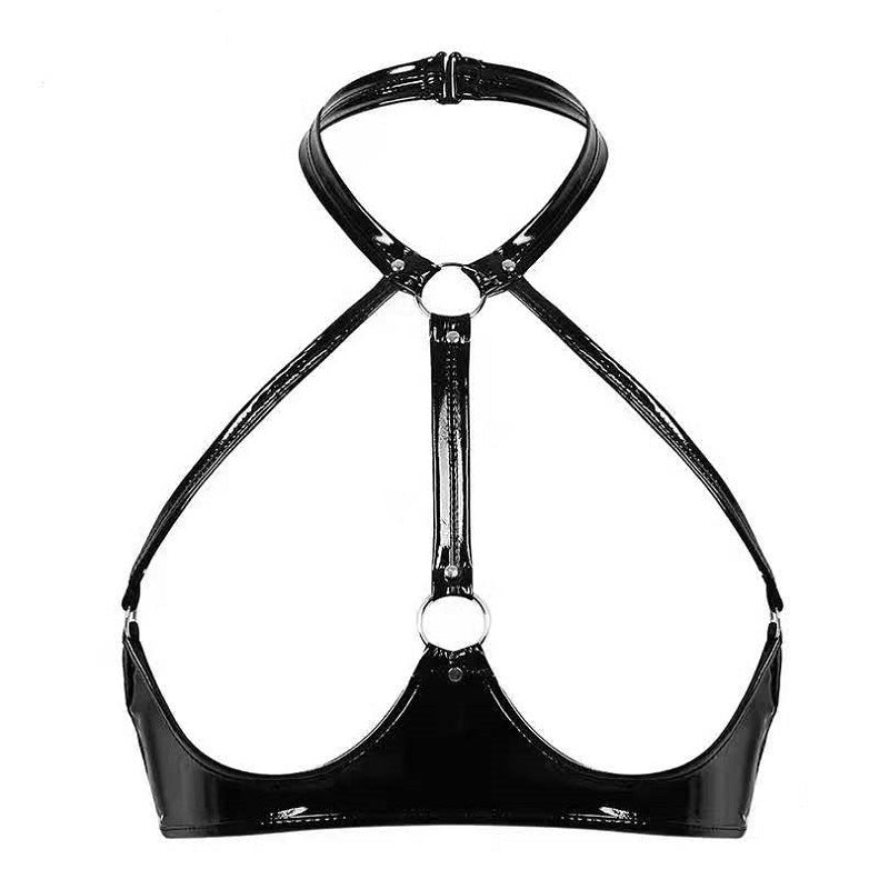 High Gloss Sexy Open Cup Strap Bra with Collar – Luvxic